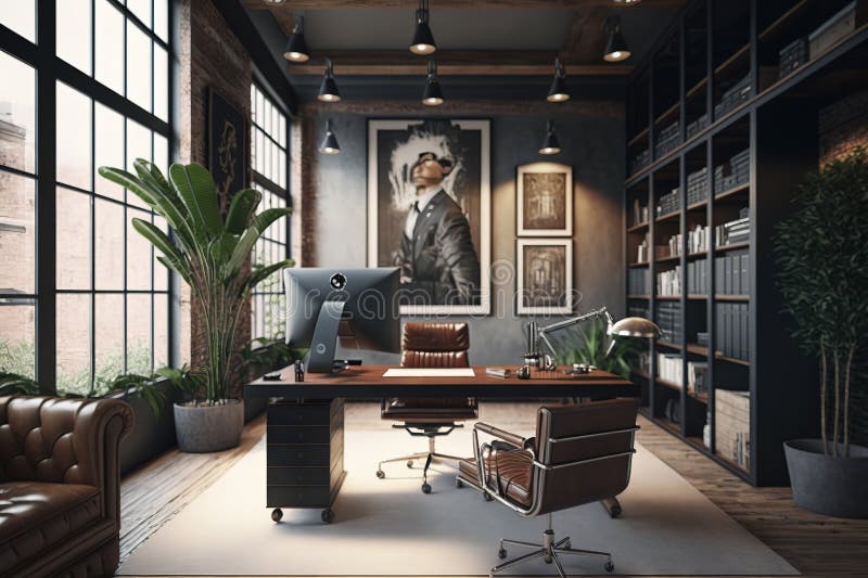 Contemporary Office Room Interior with Computer. Minimalistic Concrete ...