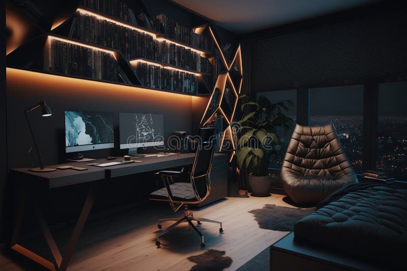 Contemporary Office Room Interior with Computer. Minimalistic Concrete ...