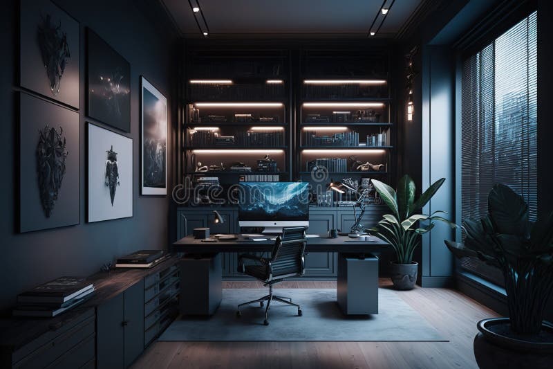 Contemporary Office Room Interior with Computer. Minimalistic Concrete ...