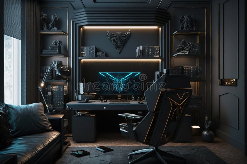 Contemporary Office Room Interior with Computer. Minimalistic Concrete ...