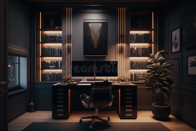 Contemporary Office Room Interior with Computer. Minimalistic Concrete ...