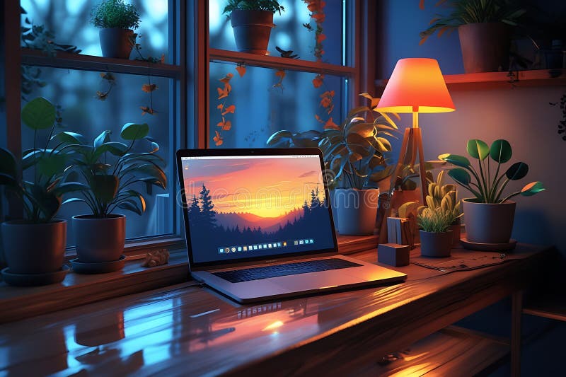 A Contemporary Office Setting with a Laptop on a Desk, Stock ...