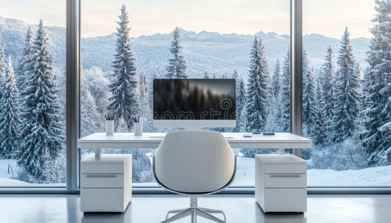 Contemporary Office Setup with Computer and Chairs Against a Winter ...