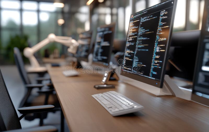 A Contemporary Office Setup Displays Several Monitors with Coding ... A Contemporary Office Setup Displays Several Monitors with Coding ...