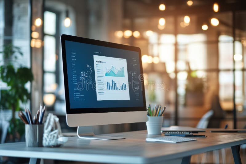 A Contemporary Office Setup Features an Adjustable Height Desk with a ...