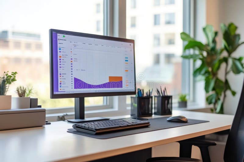 A Contemporary Office Setup Features an Adjustable Height Desk, Large ...