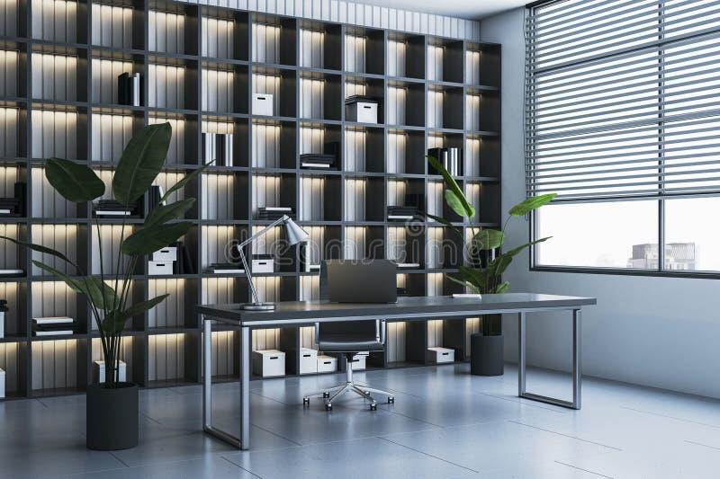 Contemporary Office with Shelves or Library Interior with Workplace ...