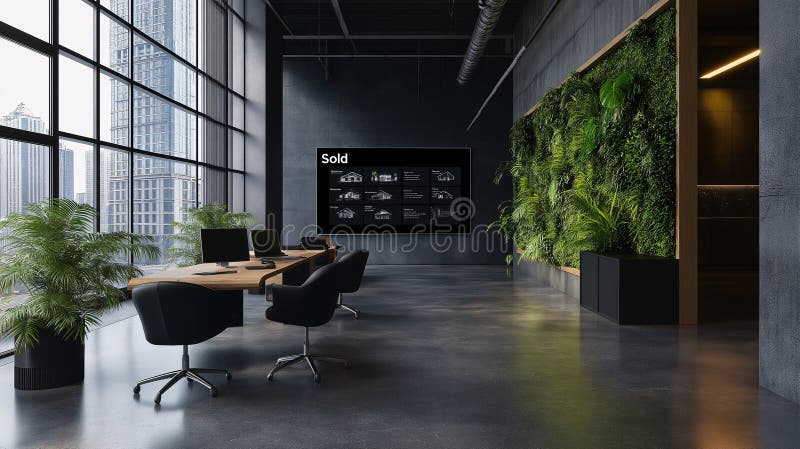 Modern Office Space with Green Wall, Computers, and City View. Stock ...