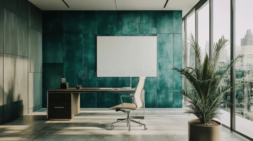 Contemporary Office Space with Blue Walls and Expansive Windows Stock ...