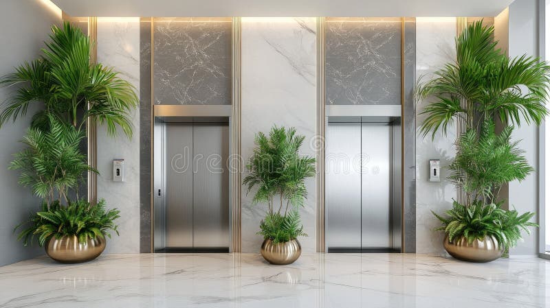 Contemporary Office Space Features Silver Elevator Doors and Large ...