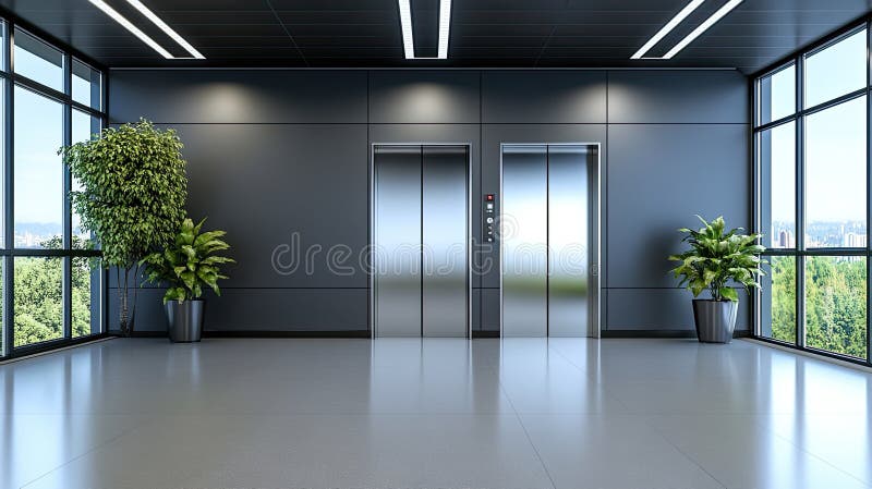Contemporary Office Space Features Silver Elevator Doors and Large ...
