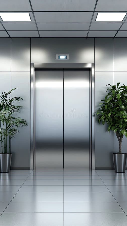 Contemporary Office Space Features Silver Elevator Doors and Large Windows Revealing Lush ...