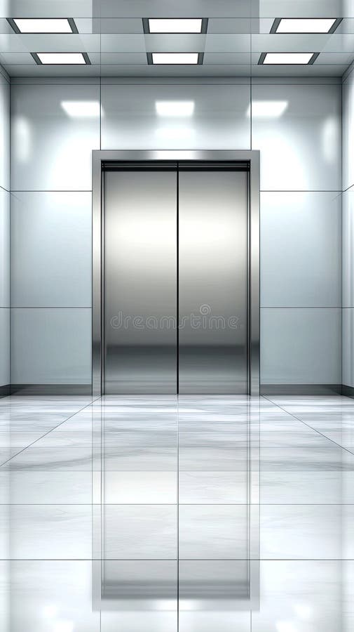 Contemporary Office Space Features Silver Elevator Doors and Large Windows Revealing Lush ...