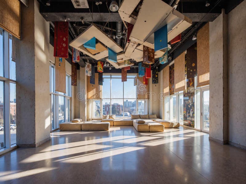 Contemporary Office Space with Geometric Ceiling Installation Stock ...