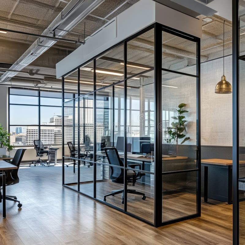 Contemporary Office Space with Glass Partitions Stock Illustration ...