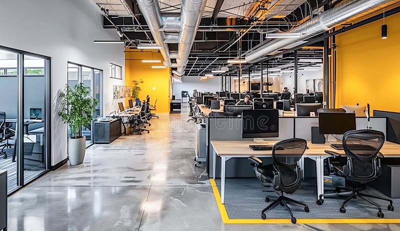 Modern Office Interior with Rows of Empty Workstations and Natural ...