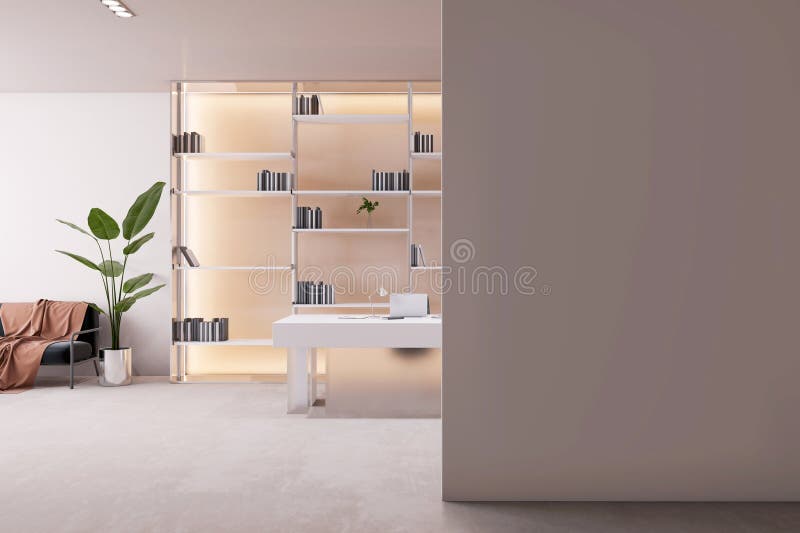 Contemporary Office Space with White Desk and Ambient Lighting, Beige ...