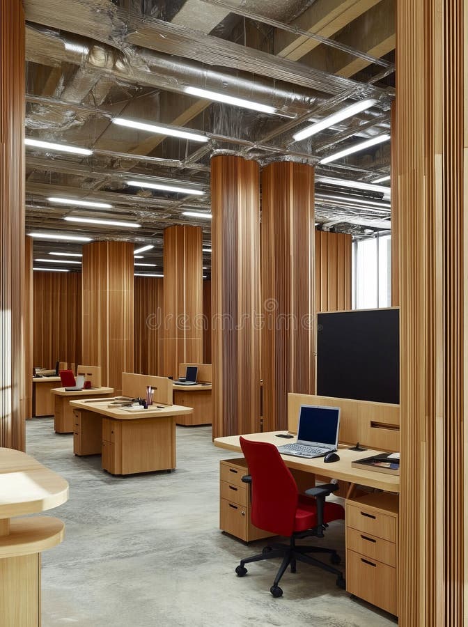 Contemporary Office with Warm Wood Accents, Tall Columns, and Ergonomic ...