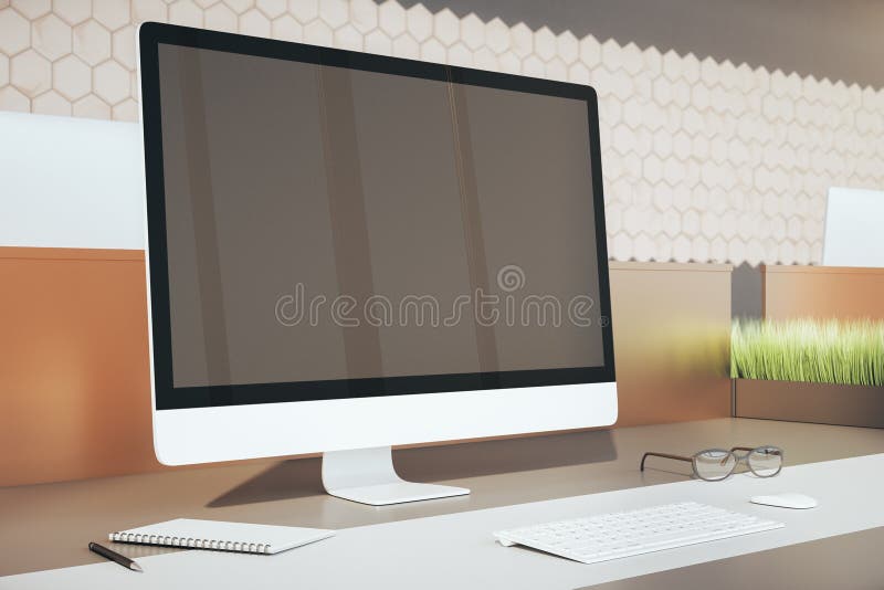 Contemporary Office Workplace and Computer with Blank Screen Stock ...