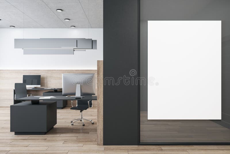 Contemporary Office Workspace with Computers on Table and Blank Poster ...