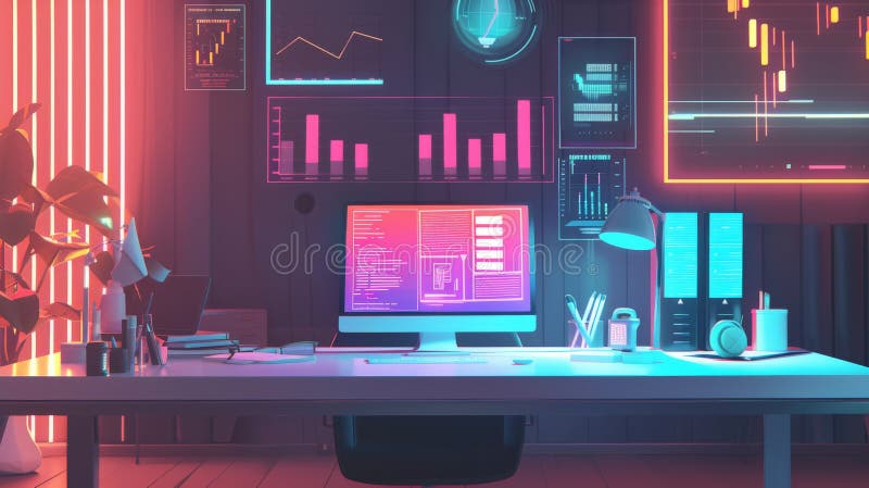 Contemporary Office Workspace with Digital Charts and Graphs on ...