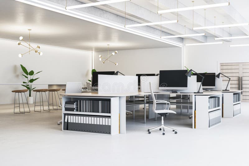 Contemporary Office Workspace with Geometric Lighting and Modern ...