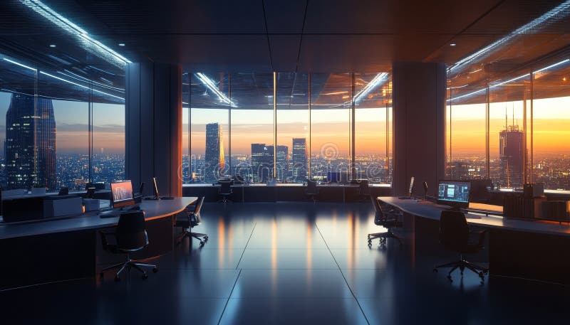 Contemporary Open Concept Office Design Featuring Desks and Columns ...