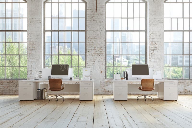 Contemporary Open Office with Wooden Ceiling and Floor, Large Windows ...