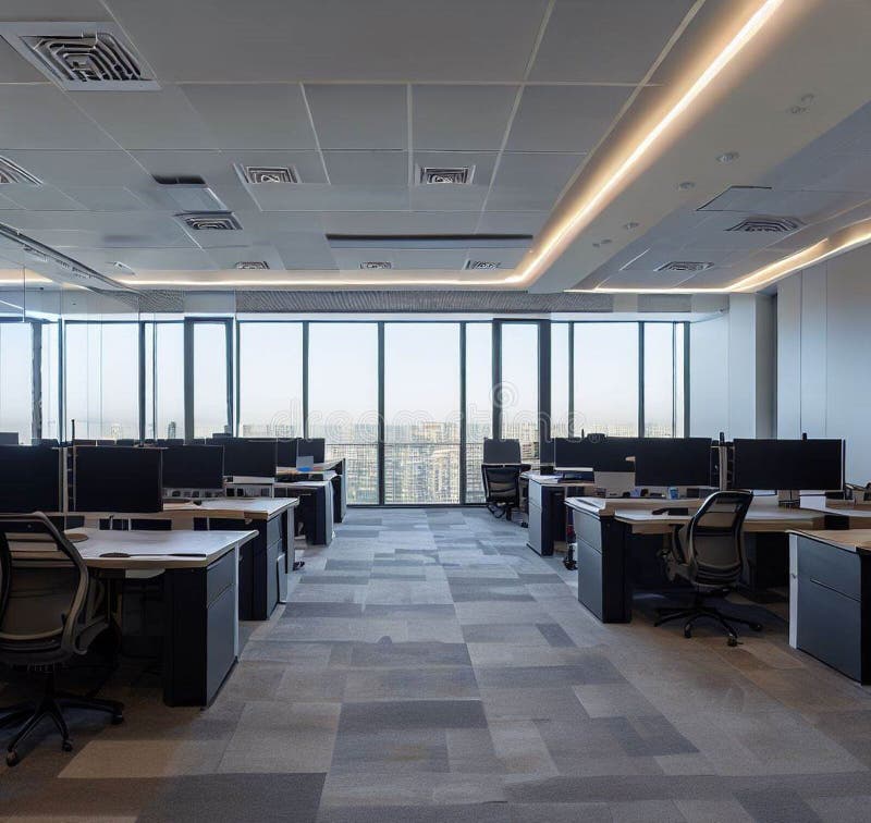 Contemporary Open-plan Office Featuring Multiple Desks and Chairs. AI ...