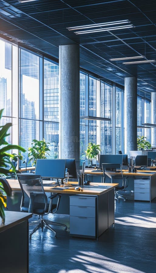 Contemporary Open Plan Office Space Featuring Desks and Columns with ...