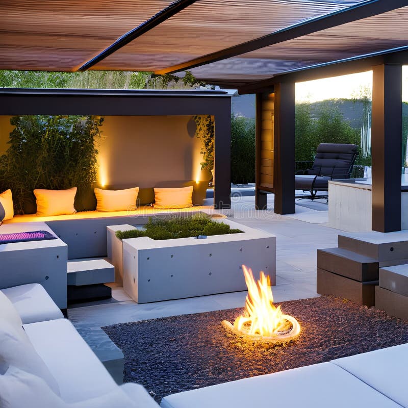 A Contemporary Outdoor Lounge with a Fire Pit, Built-in Seating, and ...
