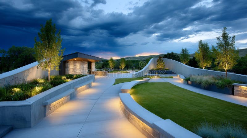 Contemporary Park Design with Curved Paths and Illuminated Landscape at ...