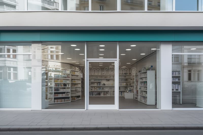 Contemporary Pharmacy Storefront with Large Windows and Modern Design ...
