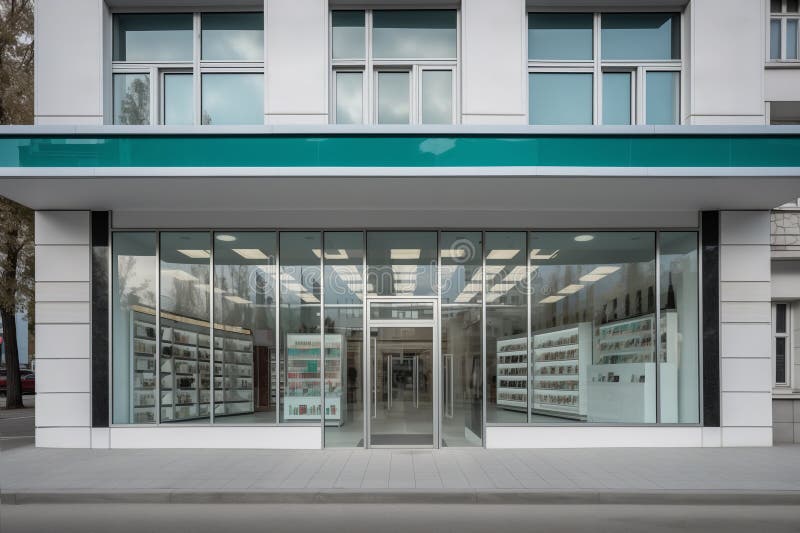Contemporary Pharmacy Storefront with Large Windows and Modern Design ...