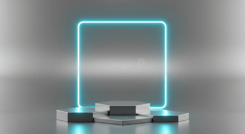 Modern Product Showcase Featuring a Silver Podium with Neon Square ...