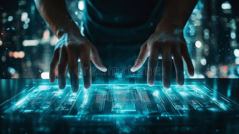 A Contemporary Professional Working on a High-tech Touch Screen Table ...