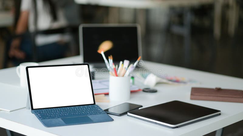 Contemporary Public Workplaces with Laptops and Office Equipment Stock ...