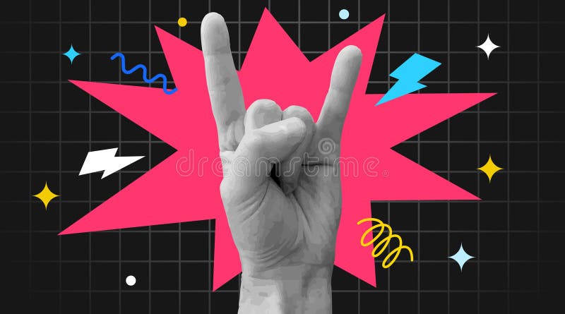 Contemporary Punk Poster with Hand Making Rock Gesture. Doodle Elements ...
