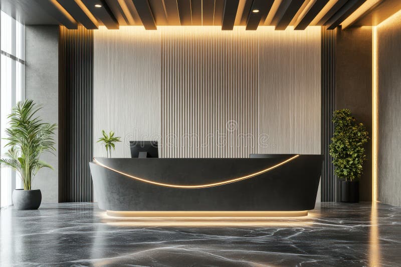 Contemporary Reception Area with a Curved Black Desk, Warm Lighting ...