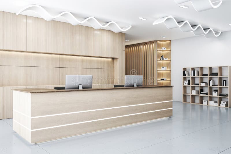 Contemporary Reception Area with Sleek Design and Bookshelf Lighting ...