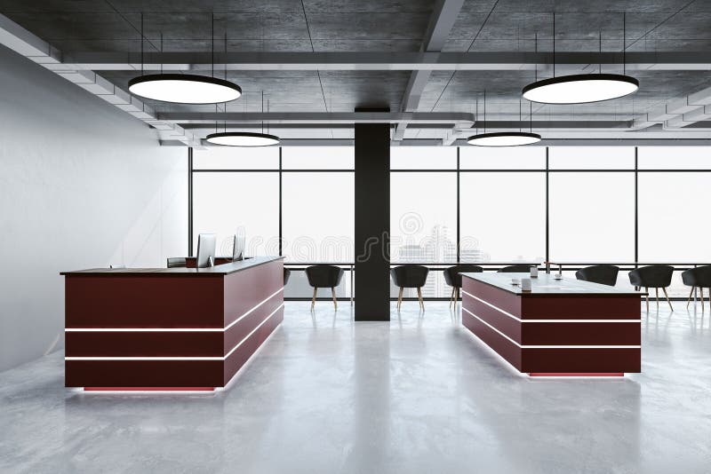 Contemporary Reception Table with Computers on Loft Interior Stock ...