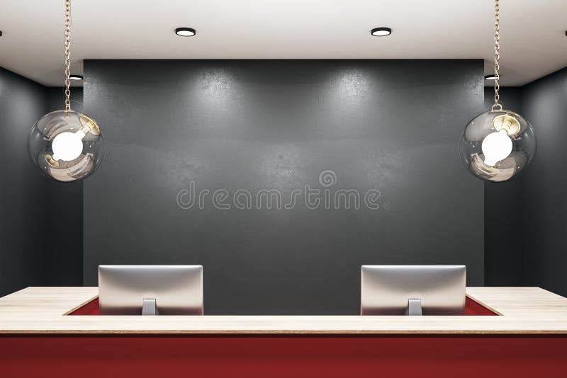 Contemporary Red Reception Table with Two Computers and Blank Wall ...