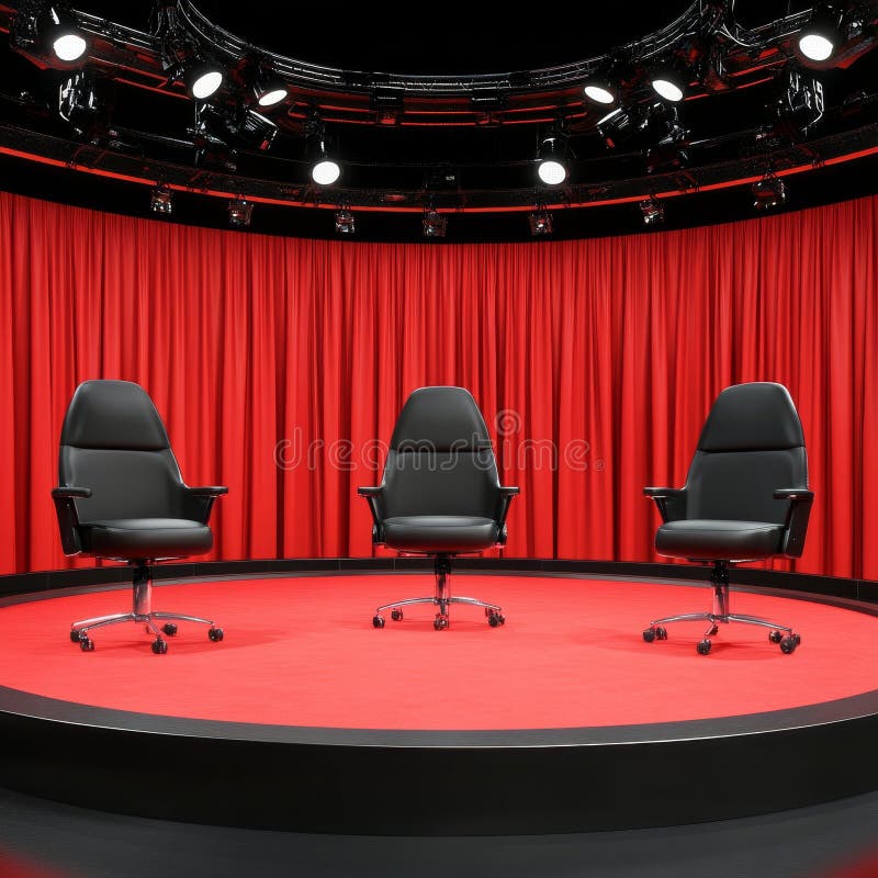 A Contemporary Red Stage Setup Features Three Chairs and Dramatic ...