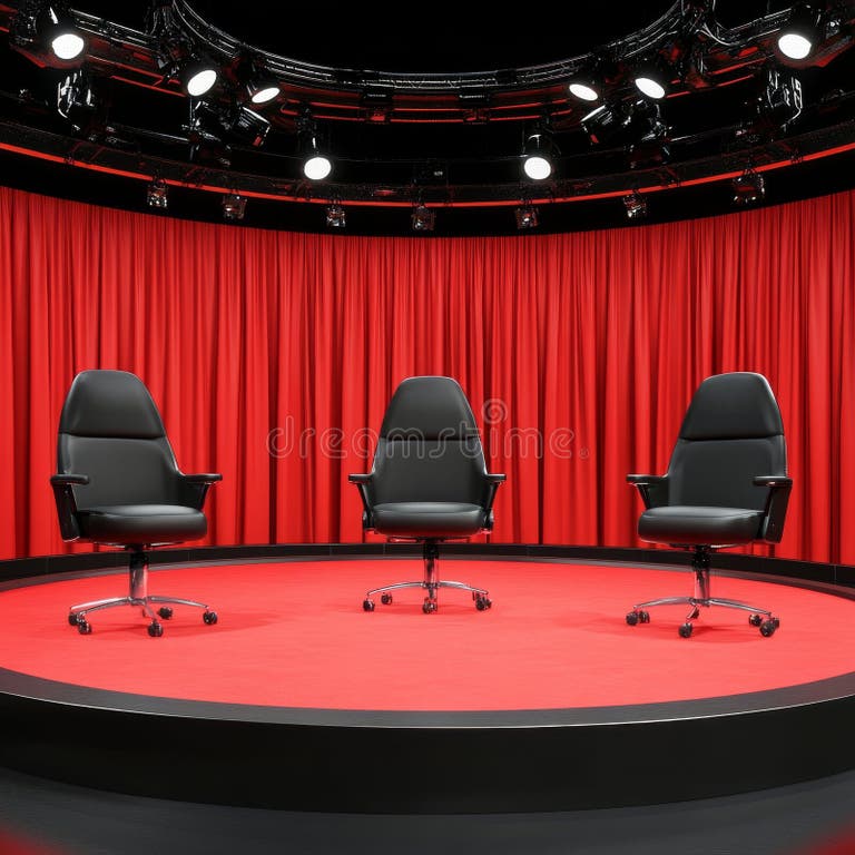 A Contemporary Red Stage Setup Features Three Chairs and Dramatic ...