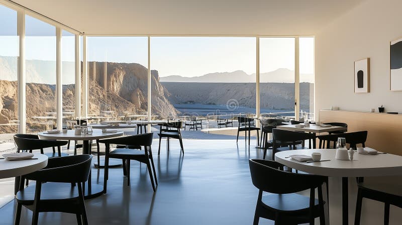 Modern Dining Area with Large Windows Showcasing a Desert Landscape ...