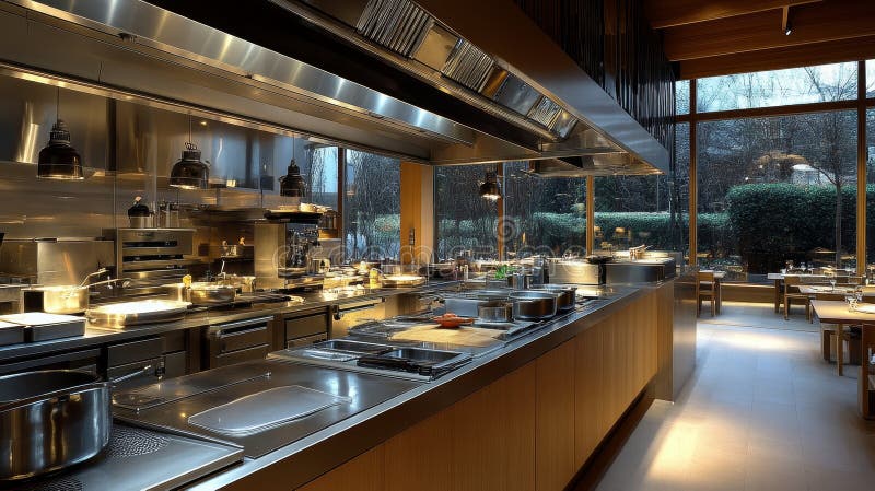 Contemporary Restaurant Kitchen with Expansive Windows Embracing ...