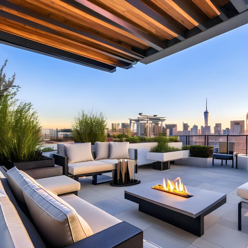A Contemporary Rooftop Terrace with Comfortable Seating, a Fire Pit ...