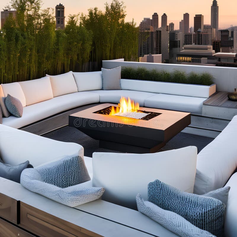 A Contemporary Rooftop Terrace with Comfortable Seating, a Fire Pit ...