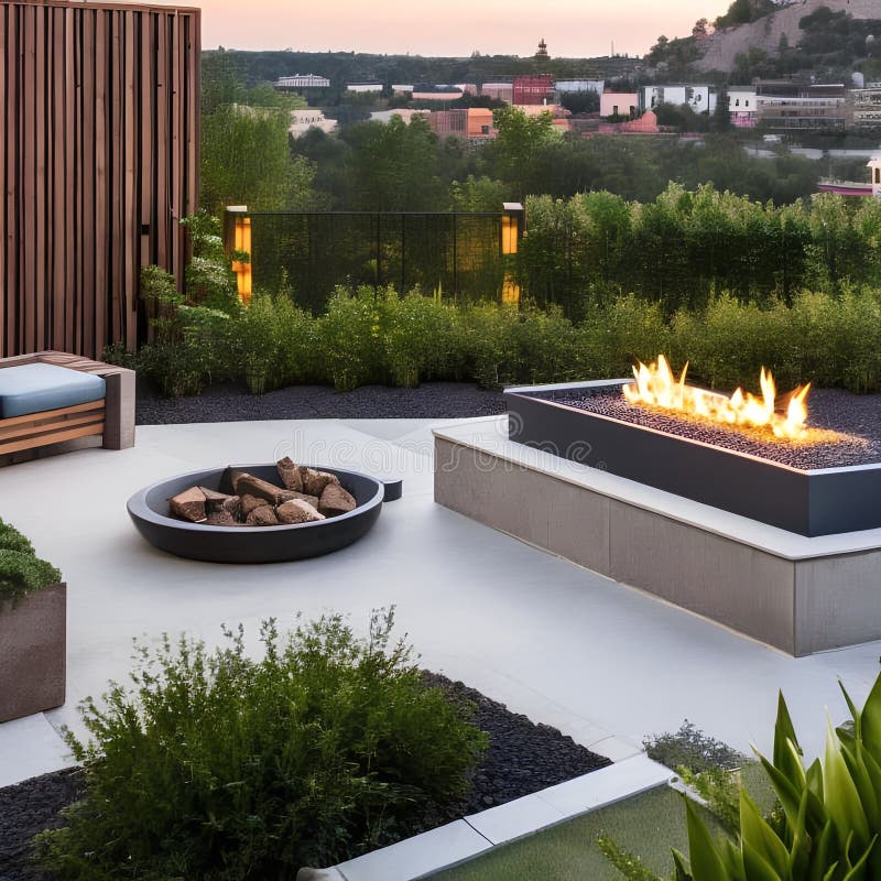 A Contemporary Rooftop Terrace with Comfortable Seating, a Fire Pit ...