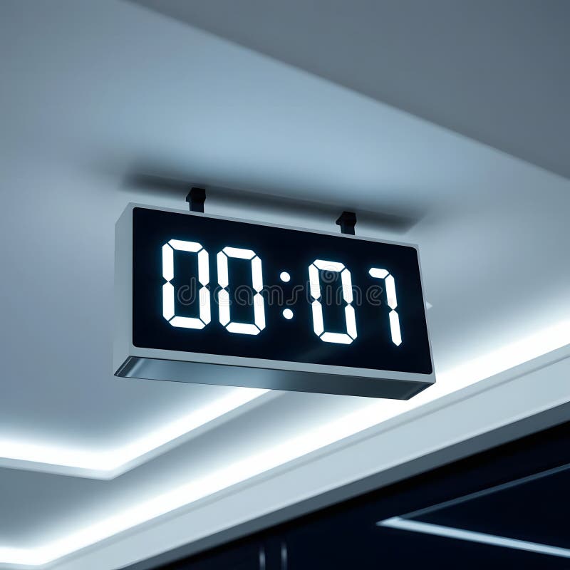 Contemporary Room with Digital Ceiling Clock Showing 00:07 and Recessed ...